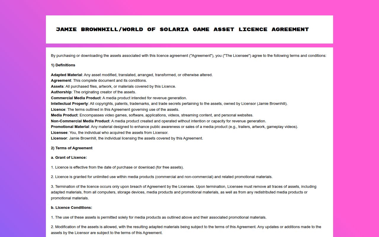 Jamie Brownhill/World of Solaria Game Asset Licence Agreement